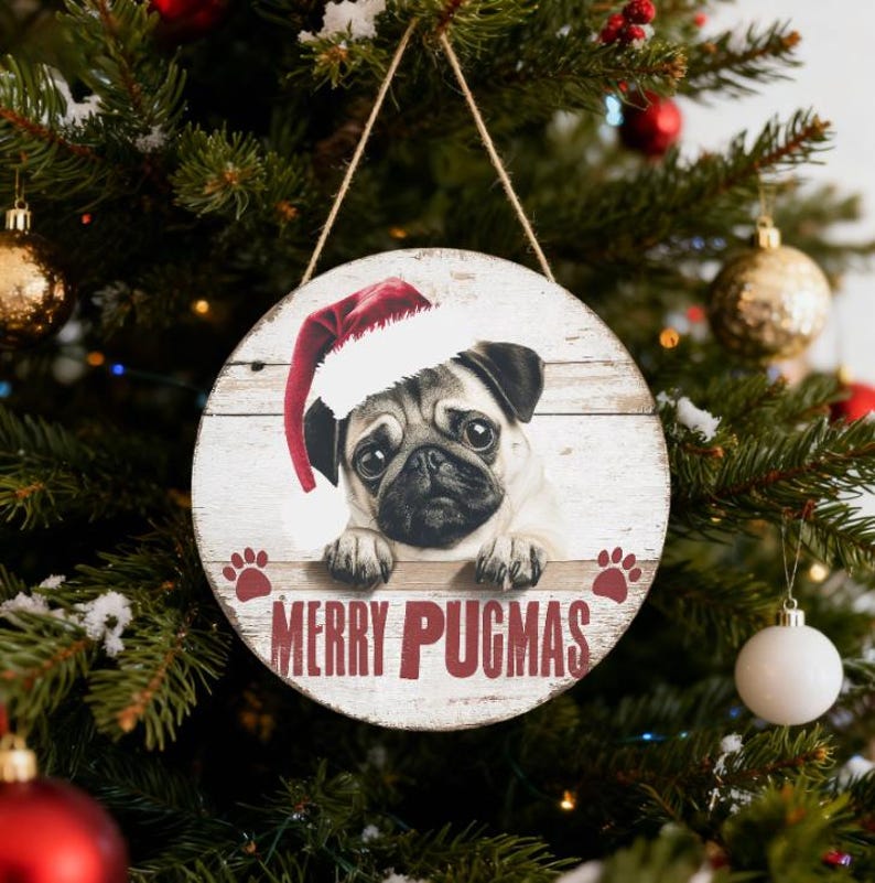 Merry Christmas Pug Wreath Sign, Rustic Wood Wall Plaque, Festive Dog ...