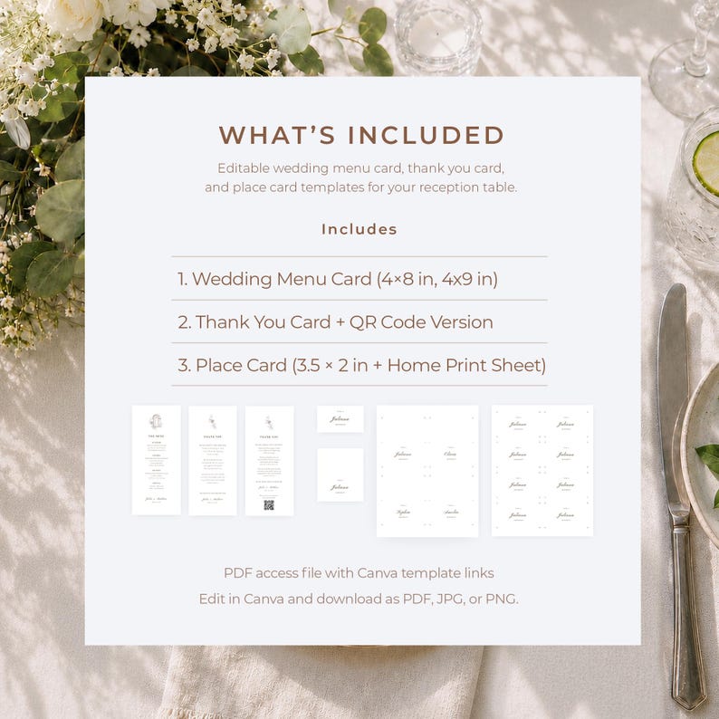 Wedding Menu Place Card and Thank You Card Template Bundle, Editable ...