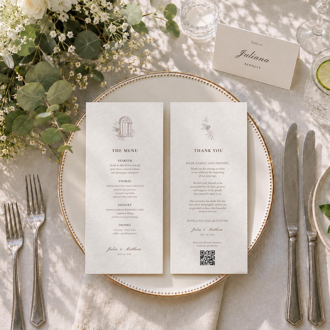 Wedding Menu, Place Card, Thank You Card Template Bundle Editable Canva ...