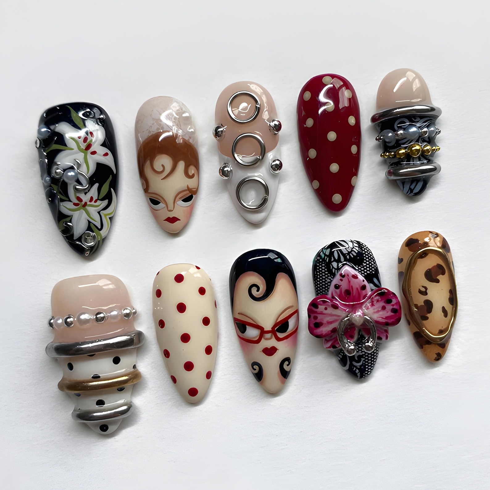 Avant Garde Press on Nails, Abstract Face Art Nail Set, Polka Dot ...