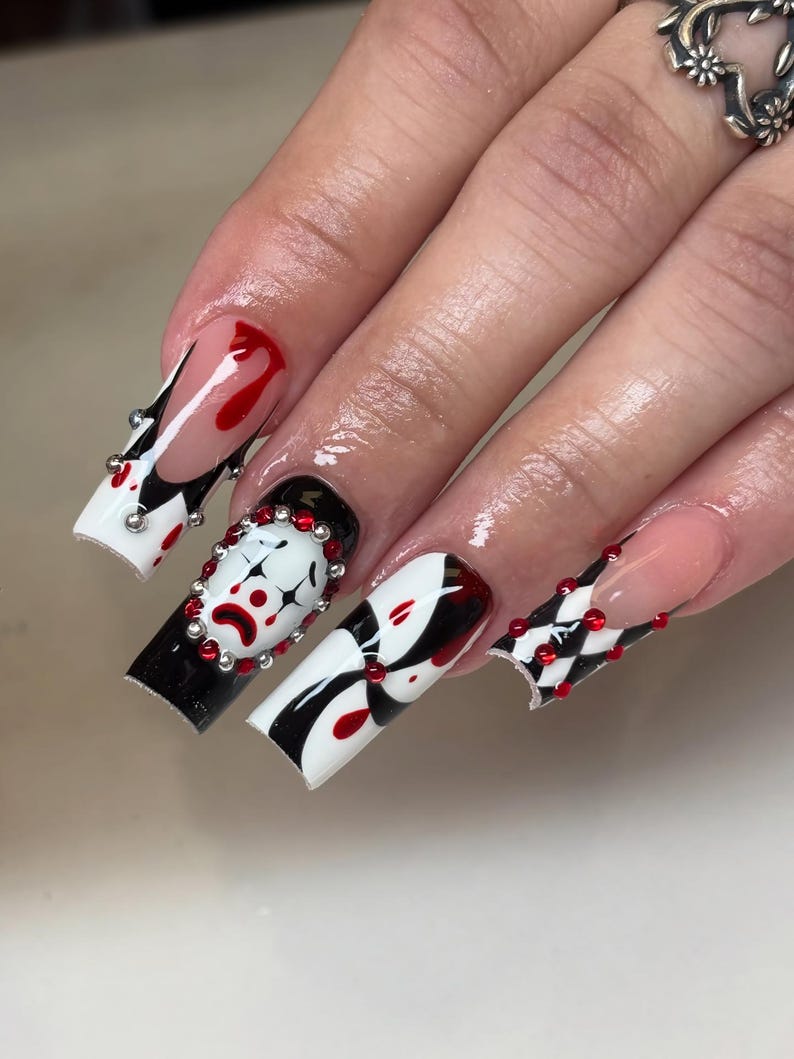 Gothic Clown Press on Nails, 3D Harlequin Nail Art With Red Gems ...