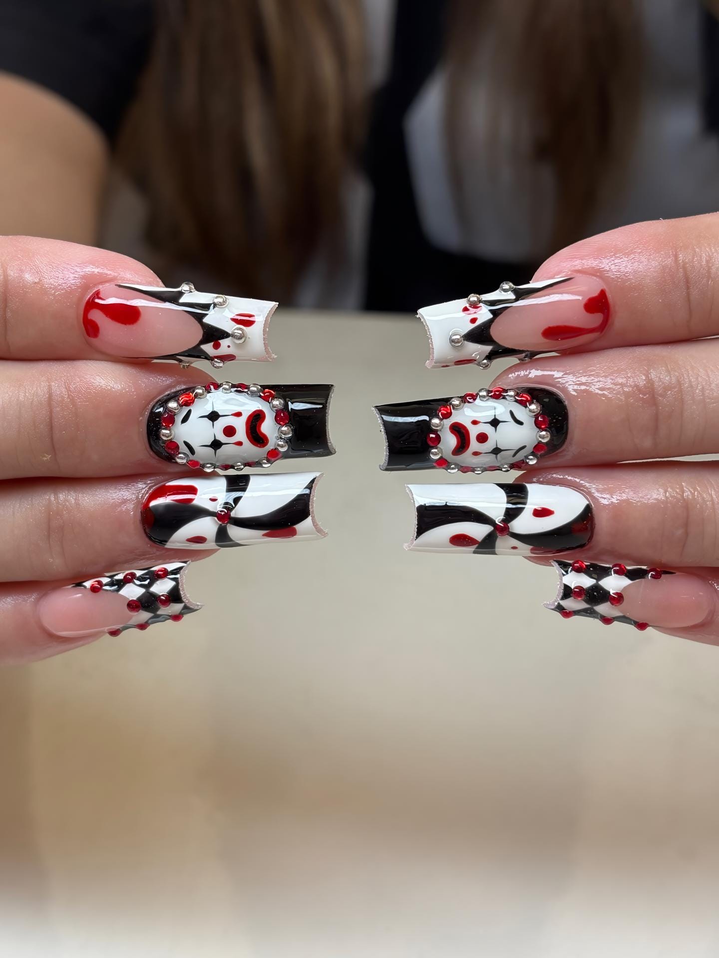 Gothic Clown Press on Nails, 3D Harlequin Nail Art With Red Gems ...
