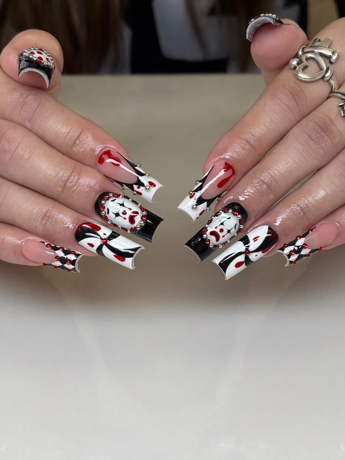 Gothic Clown Press on Nails, 3D Harlequin Nail Art With Red Gems ...