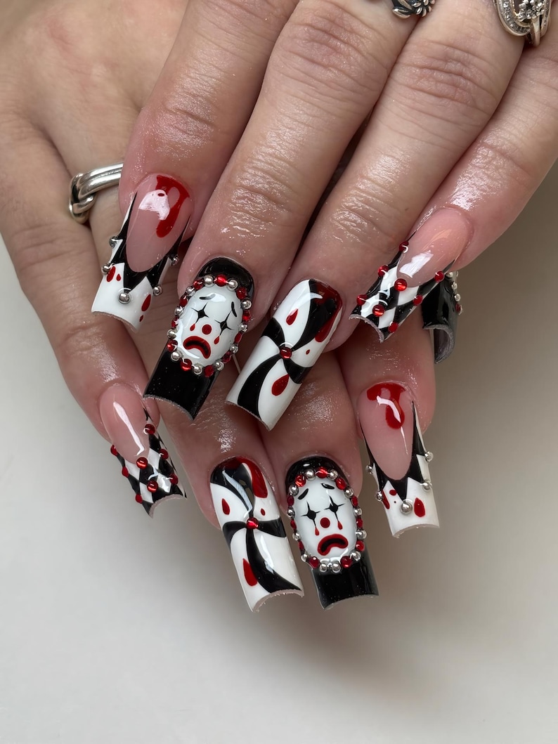 Gothic Clown Press on Nails, 3D Harlequin Nail Art With Red Gems ...