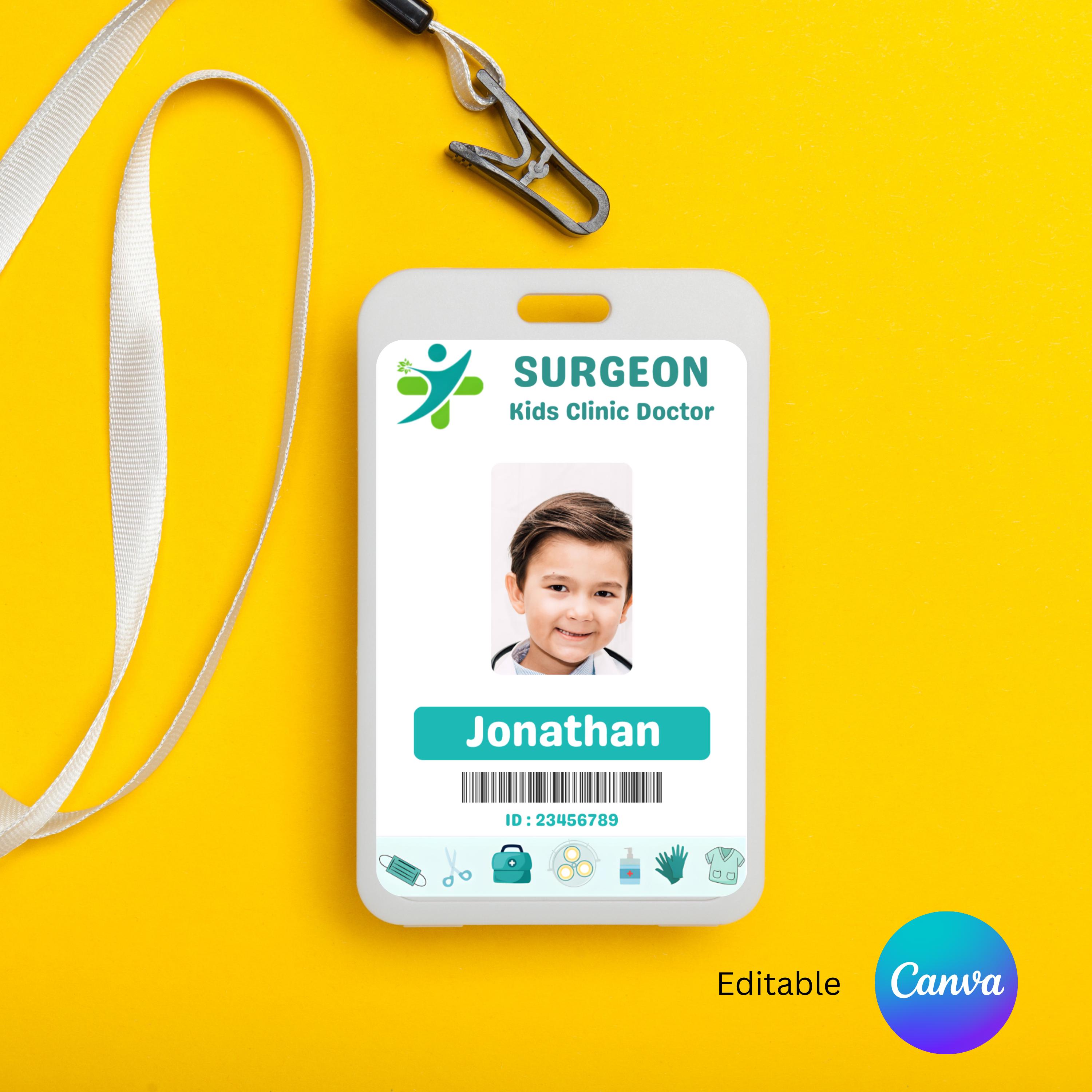 Surgeon ID Card Badge, Kids Junior Doctor, Medical Name Tag Canva ...