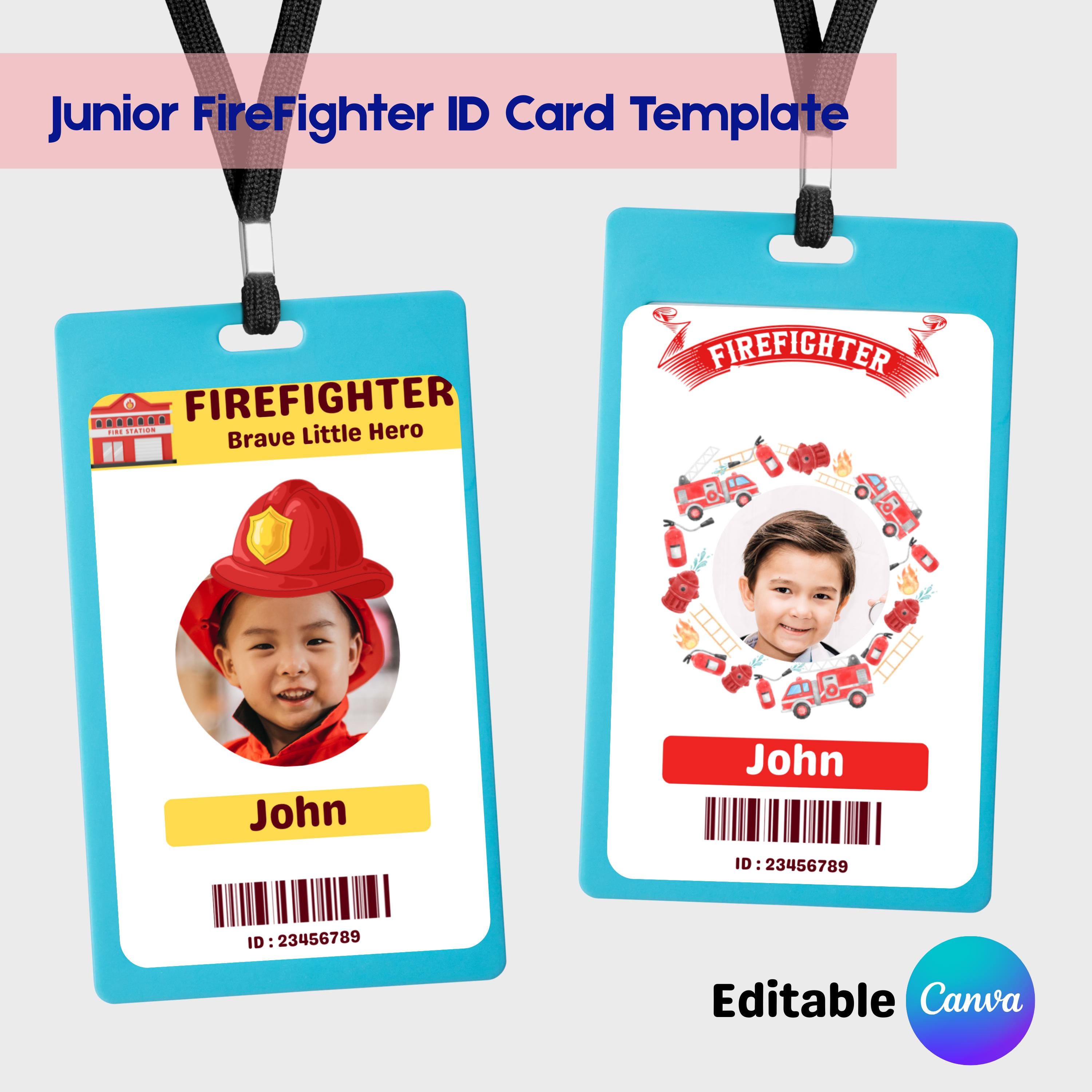 Firefighter ID Card Badge, Kids Fireman Name Tag, Canva Template - Etsy