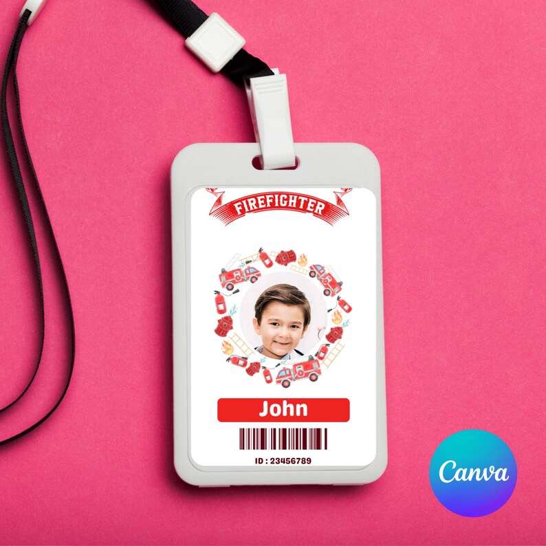 Firefighter ID Card Badge, Kids Fireman Name Tag, Canva Template - Etsy