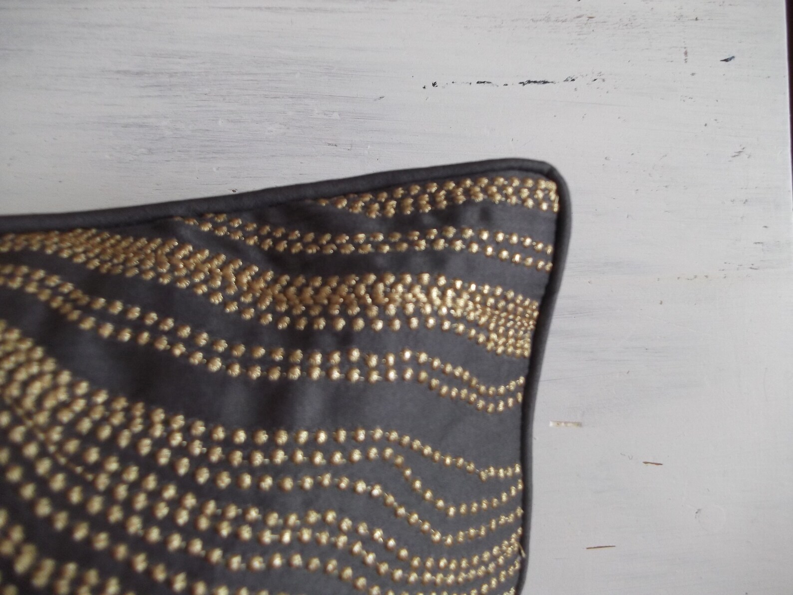 Dark Grey Cushion Cover With Yellow Gold Coloured Embroidery Pattern ...