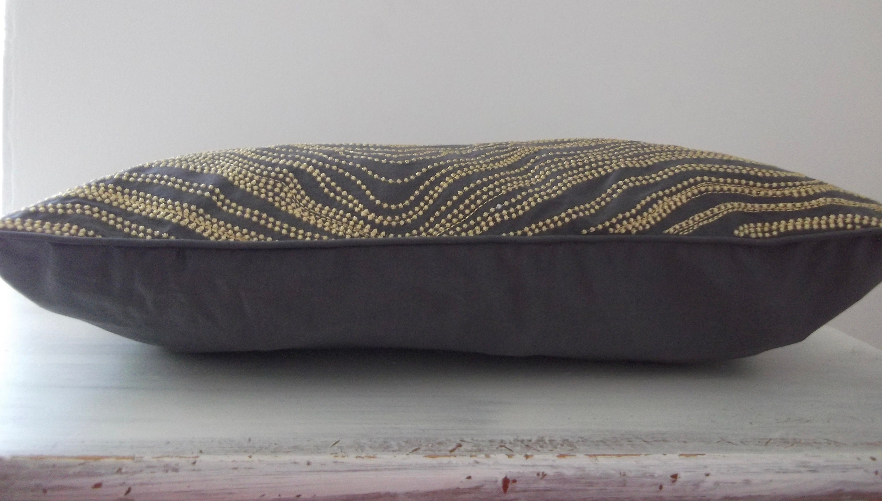Dark Grey Cushion Cover With Yellow Gold Coloured Embroidery Pattern ...