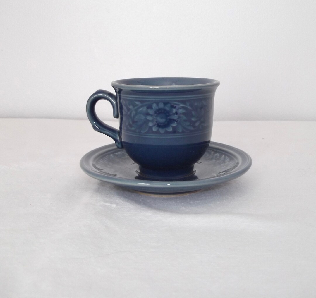 Vintage Pottery Tea Cup and Saucer, Dark Blue , Floral Embossed Pattern ...