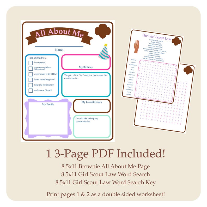 Girl Scout All About Me Worksheet & Law Word Search: Daisy, Brownie ...