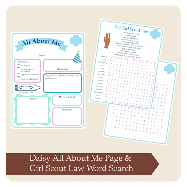 Girl Scout All About Me Worksheet & Law Word Search: Daisy, Brownie ...