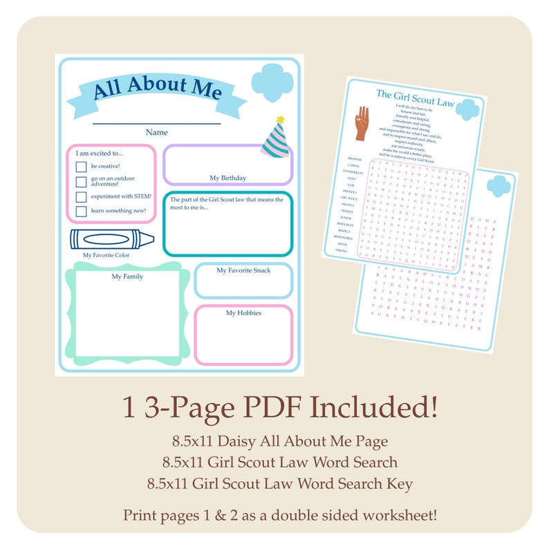 Girl Scout All About Me Worksheet & Law Word Search: Daisy, Brownie ...