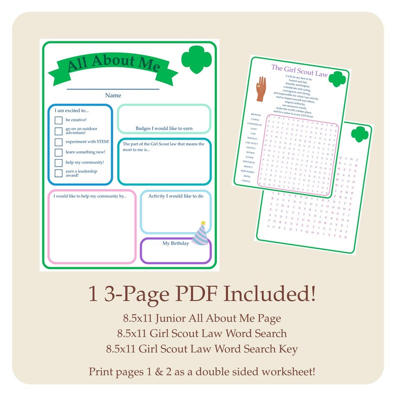 Girl Scout All About Me Worksheet & Law Word Search: Daisy, Brownie ...