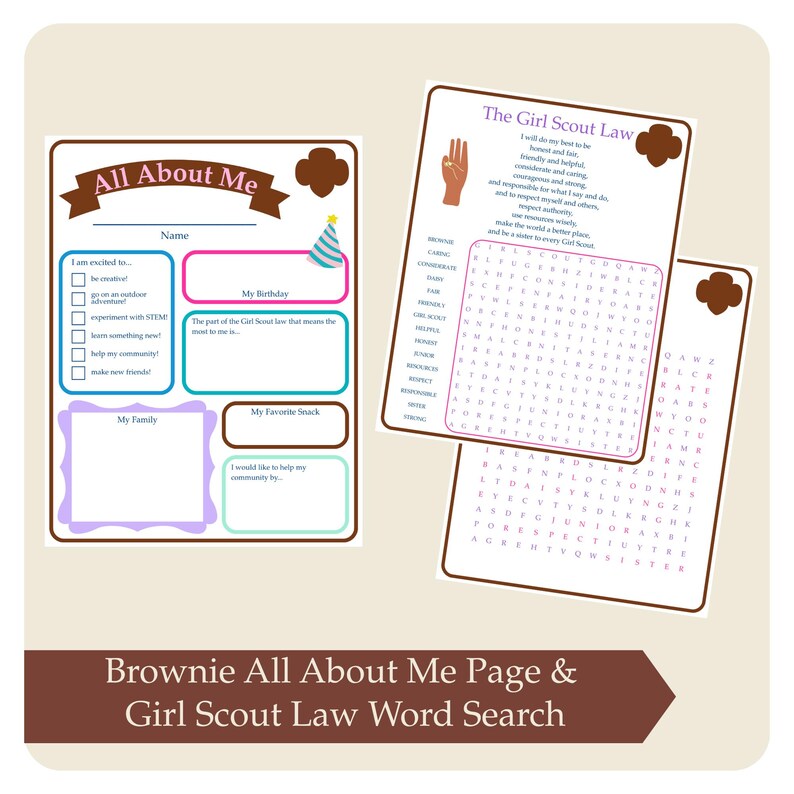 Girl Scout All About Me Worksheet & Law Word Search: Daisy, Brownie ...