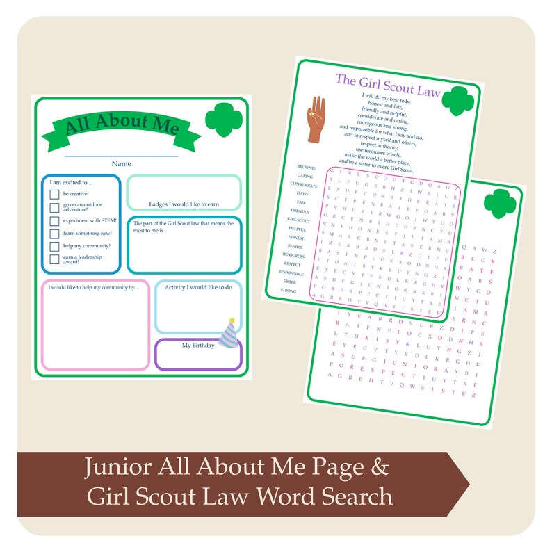 Girl Scout Junior Worksheet: All About Me & Law Word Search (printable ...