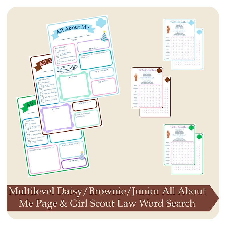 Girl Scout All About Me Worksheet & Law Word Search: Daisy, Brownie ...