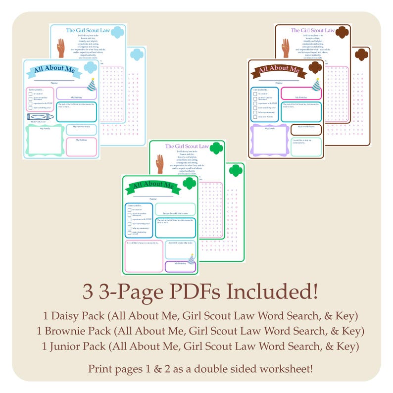 Girl Scout All About Me Worksheet & Law Word Search: Daisy, Brownie ...