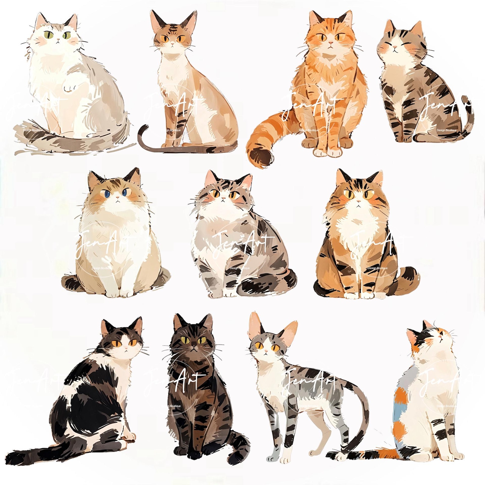 Hand-drawn Cat Clipart – 40 Digital Clipart Bundle, Cute Cat ...