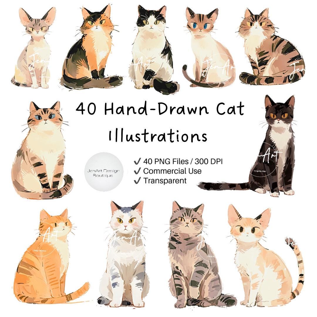 Hand-drawn Cat Clipart – 40 Digital Clipart Bundle, Cute Cat ...