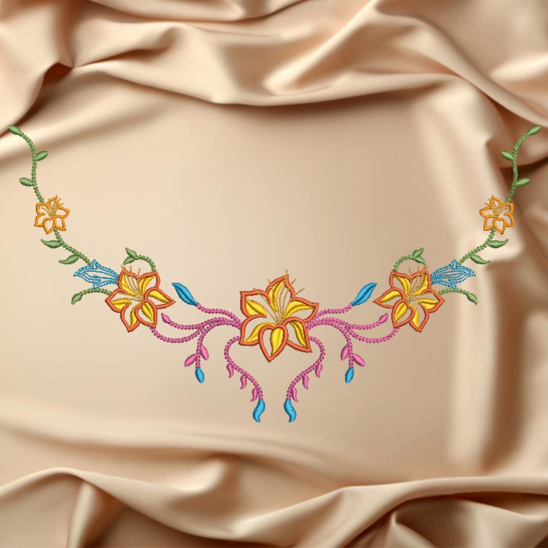 Yellow Lily Neckline Embroidery Design – Floral Machine Embroidery File ...