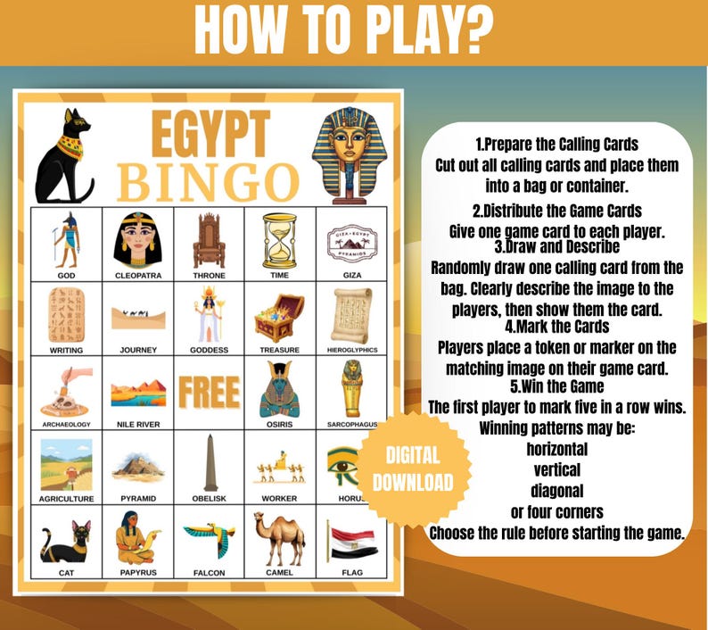 Ancient Egypt Bingo Printable | Pharaoh and Pyramid Theme Game for ...