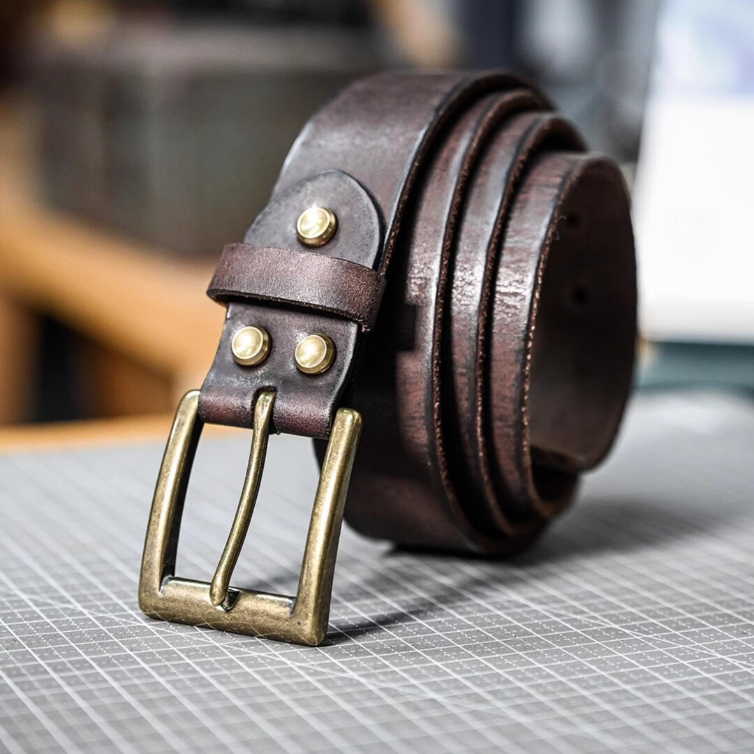 Vintage Brass Buckle Distressed Leather Belt, American Trend Leather ...