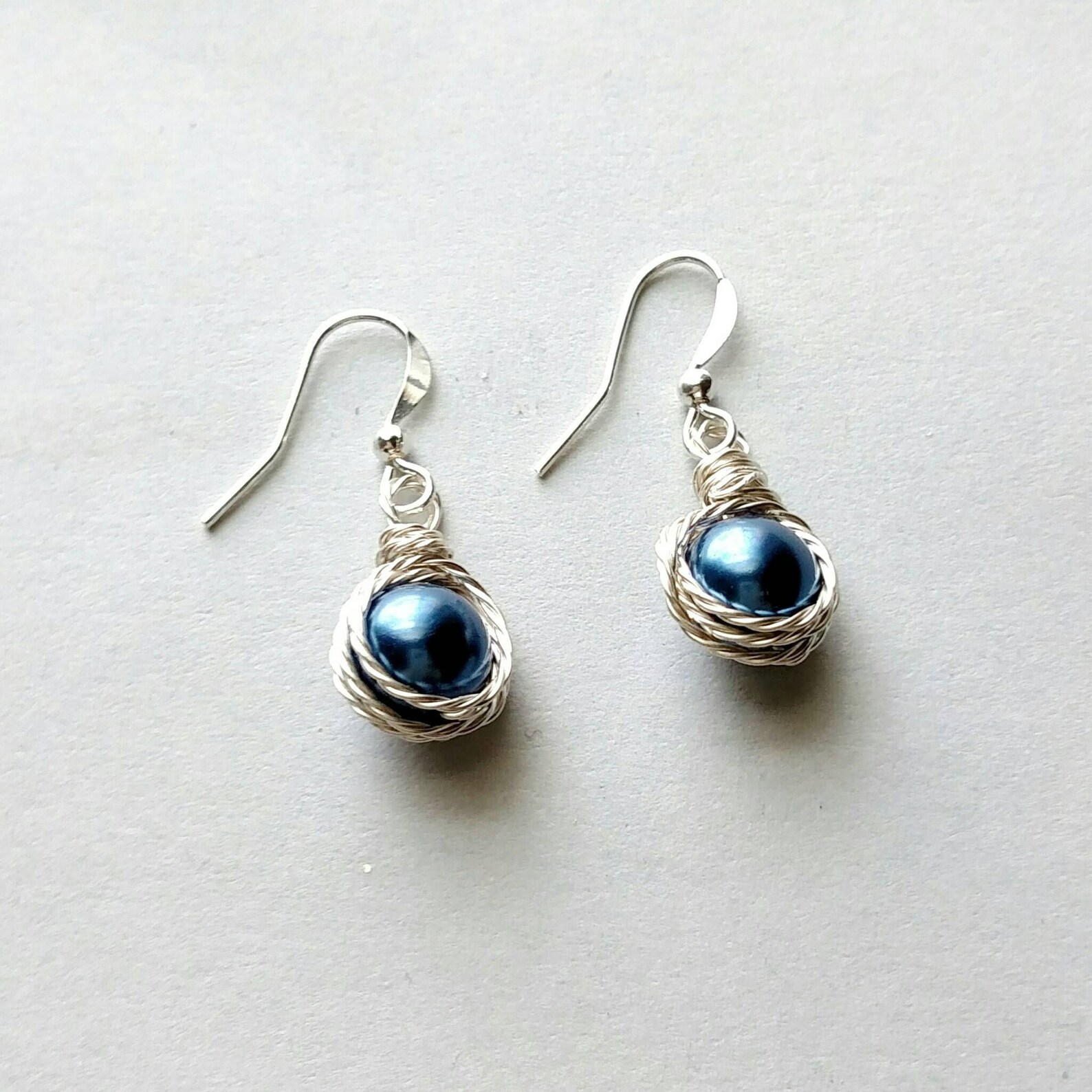 Navy Blue Glass Pearl Wire Wrap Earrings / Blue Earrings/ Pearl ...