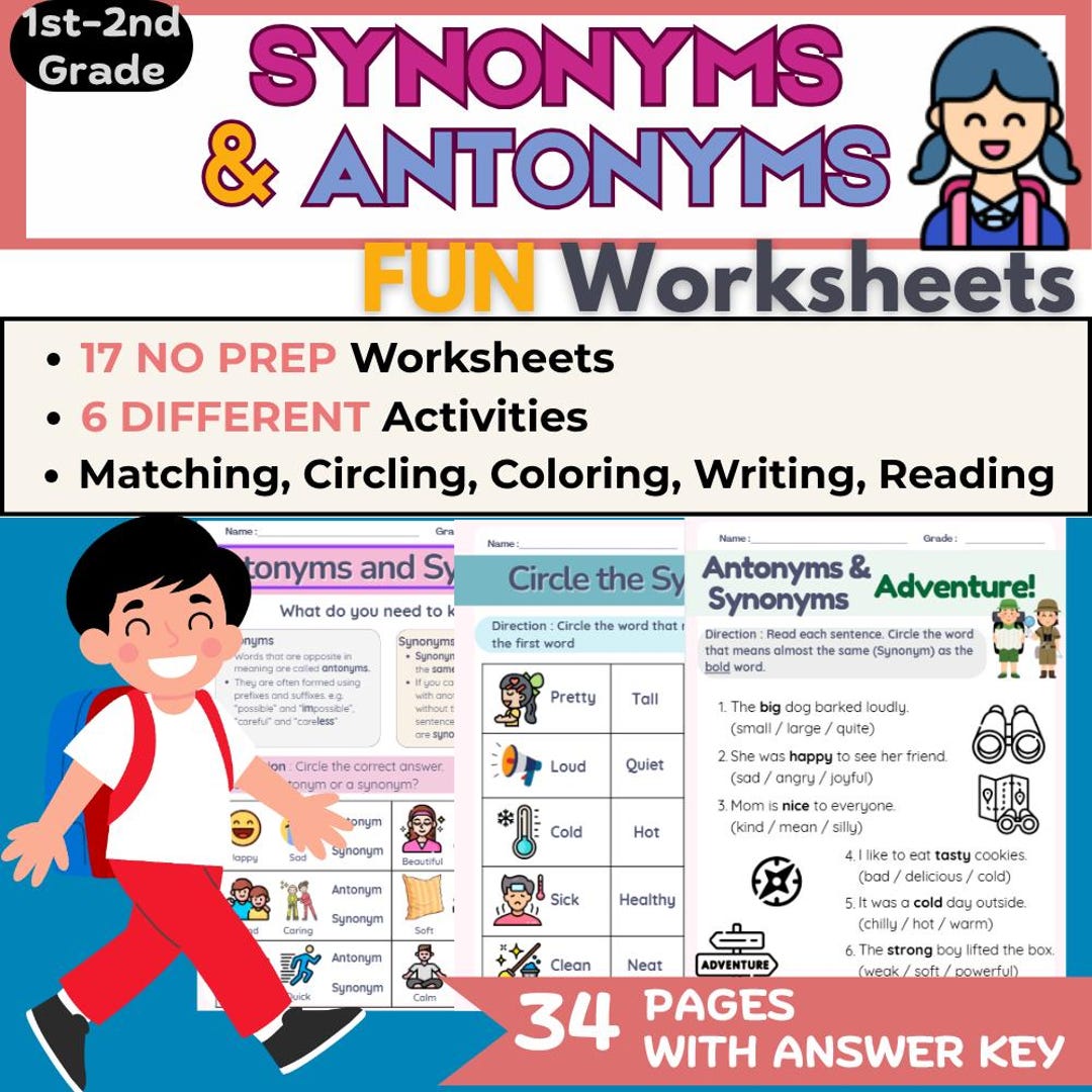 Synonyms and Antonyms Fun Worksheets | 1st–2nd Grade ELA | No Prep ...