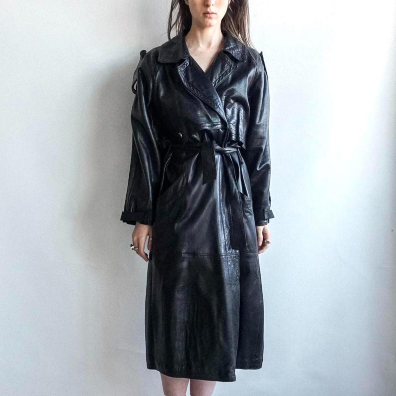 Vintage 1970s Black Leather Trench Coat: Long Double Breasted Sheepskin ...