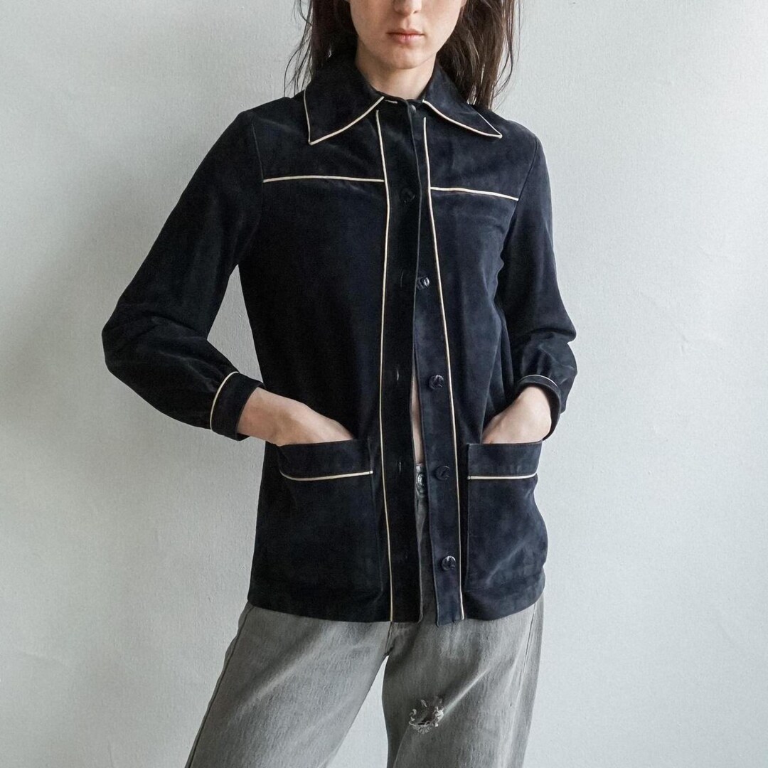 Vintage Black Suede Jacket – Retro Piped Detail, Button Up, 70s Style ...