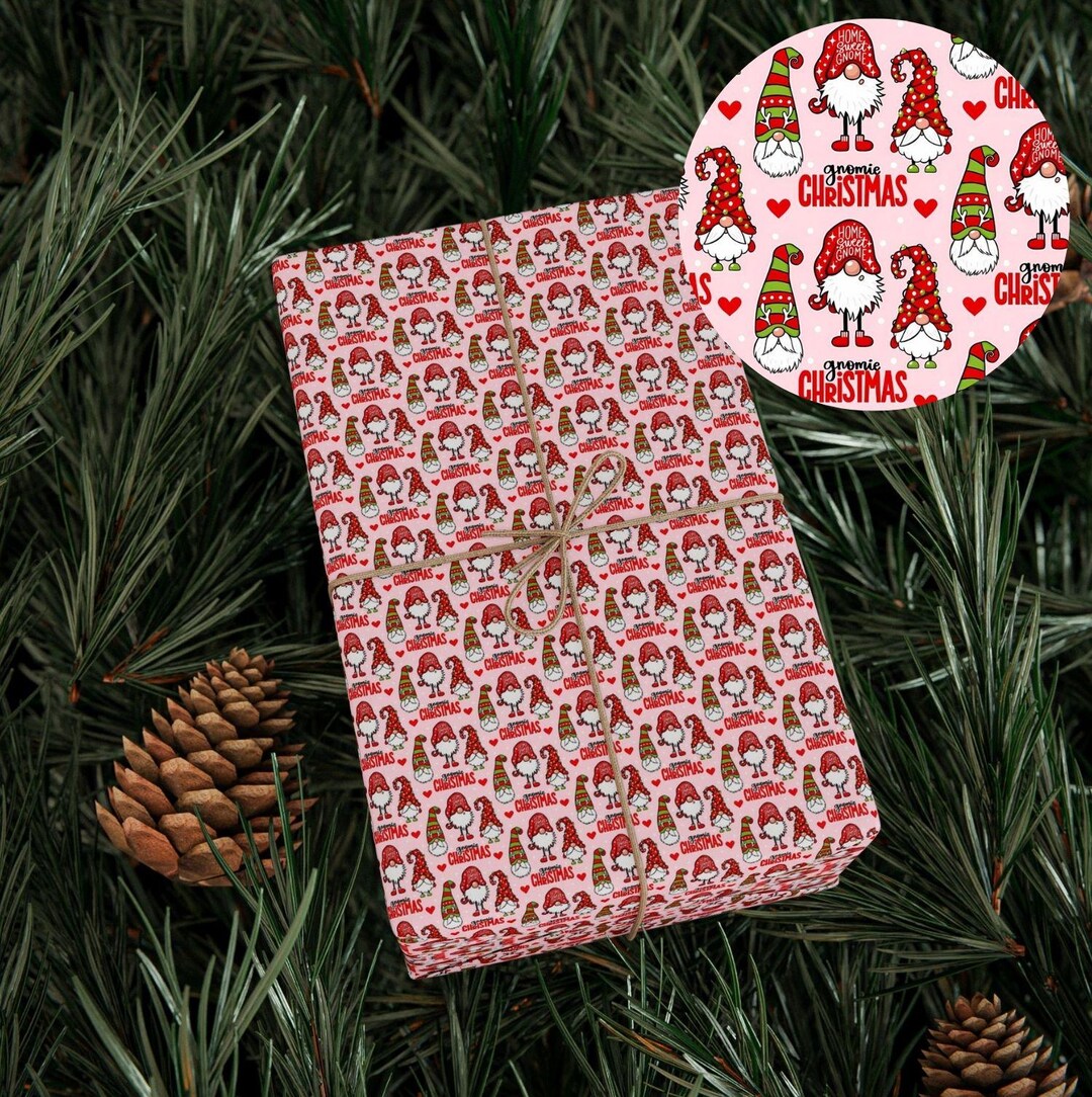 Gnome Christmas Wrapping Paper, Cute Holiday Gift Wrap, Red Festive ...