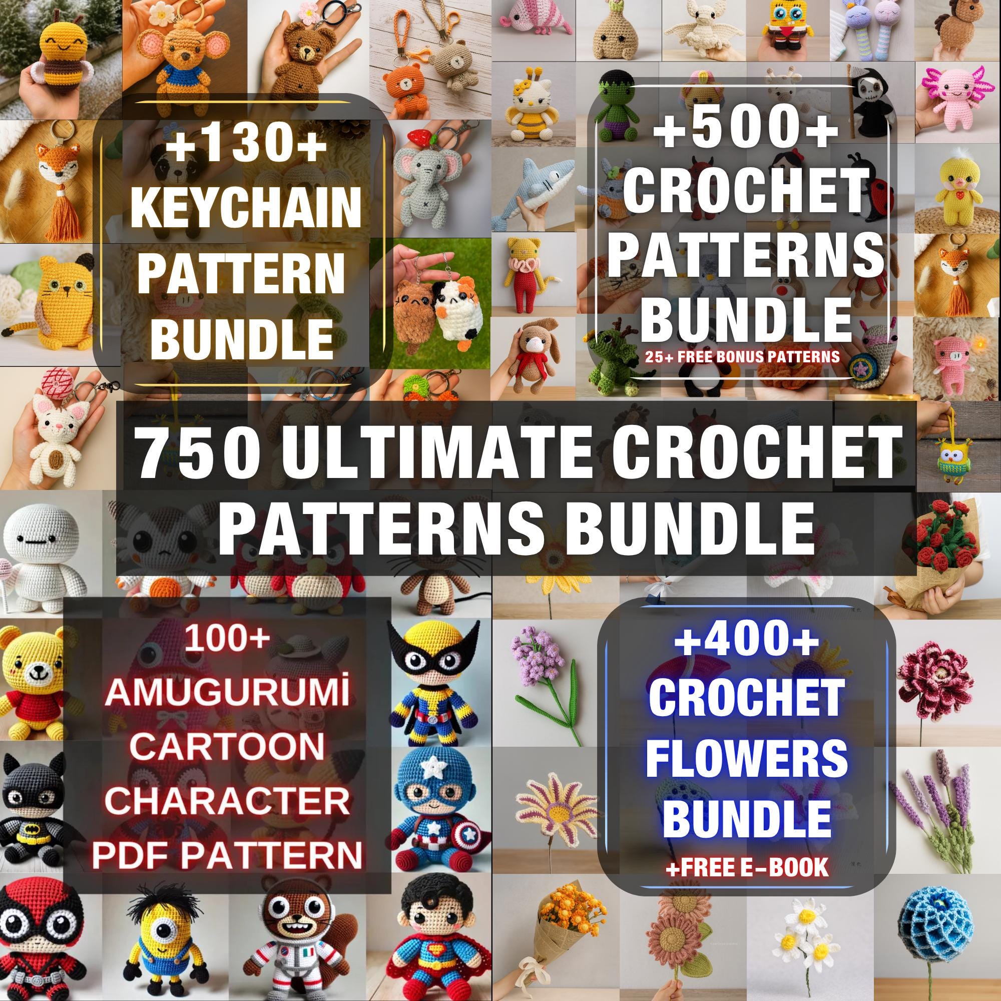 750+ Amigurumi Crochet Pattern Bundle With Keychains, Flowers, Cartoon ...