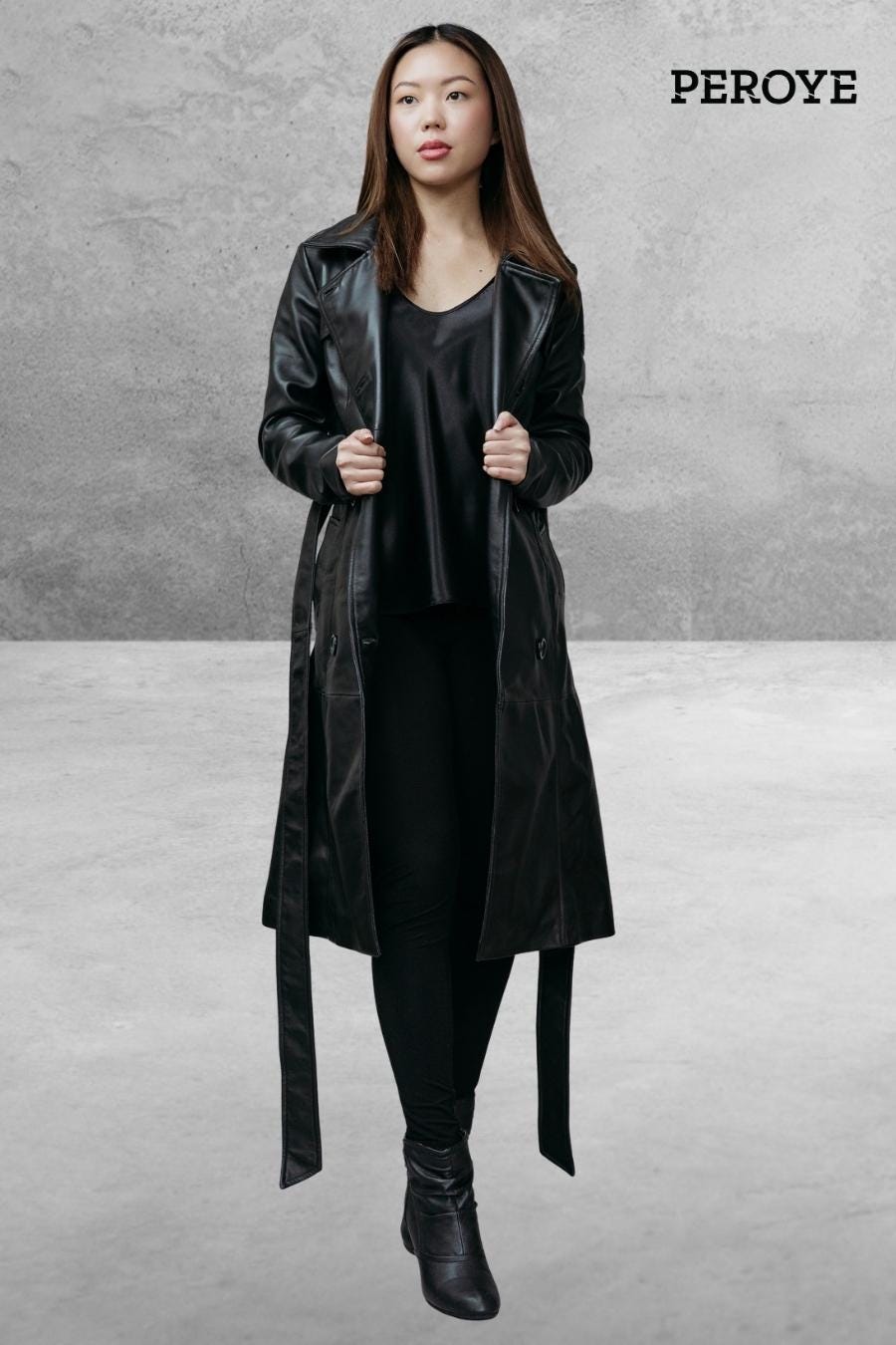 Black Leather Trench Coat for Women - Real Sheep Leather Coat ...