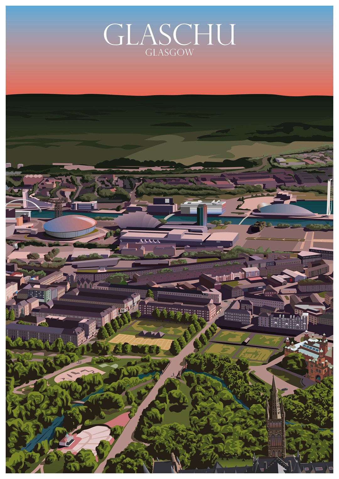 Glasgow A2 Illustrated Print - GAELIC - Etsy UK
