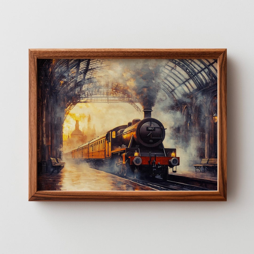 Vintage Train Station Oil Painting – Moody Locomotive Art (digital ...