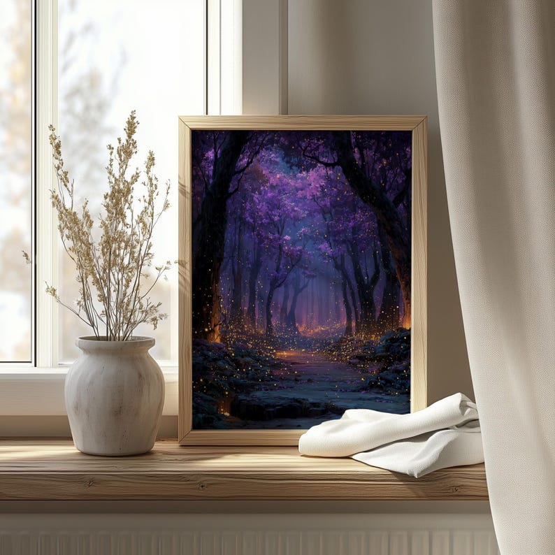 Purple Forest Path Print: Enchanted Night Landscape, Fairycore Fantasy ...