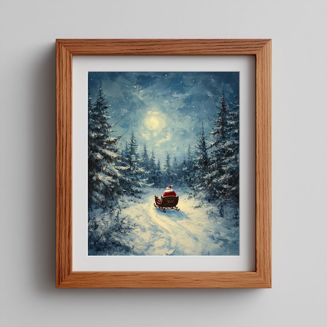 Vintage Santa Sleigh Print – Moonlight Winter Forest Scene (digital ...