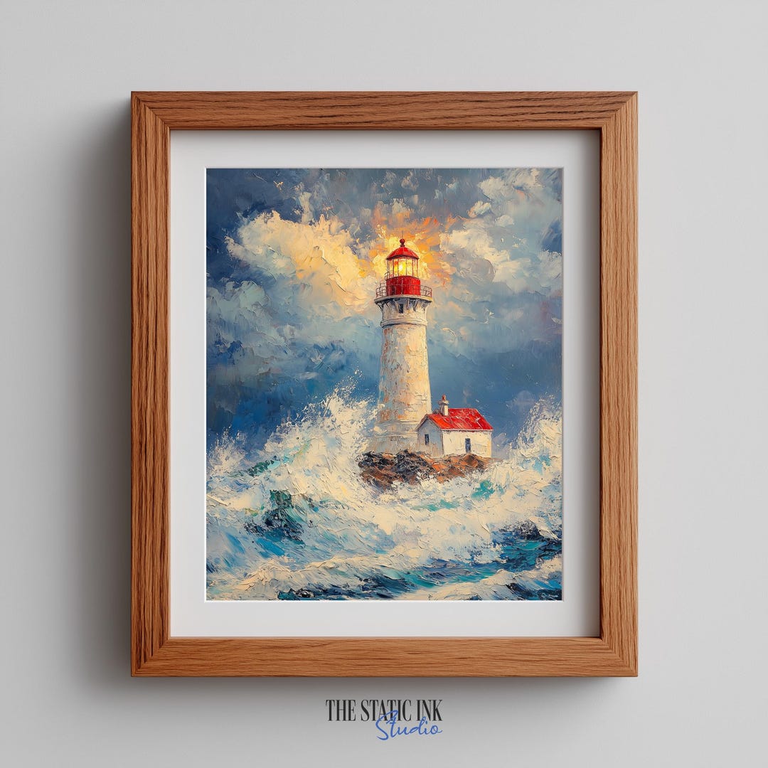 Moody Coastal Lighthouse Painting - Dramatic Sea Scene With Turquoise ...