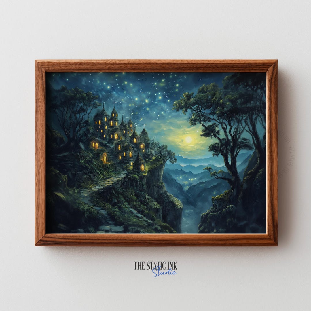Moody Elven City Printable Wall Art - Fantasy Cliffside Landscape ...