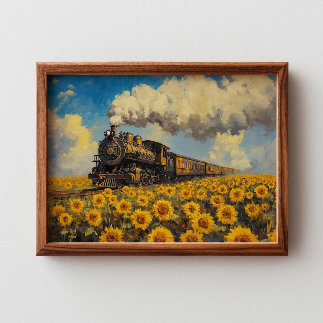 Vintage Steam Train Painting – Sunflower Field Landscape (digital ...