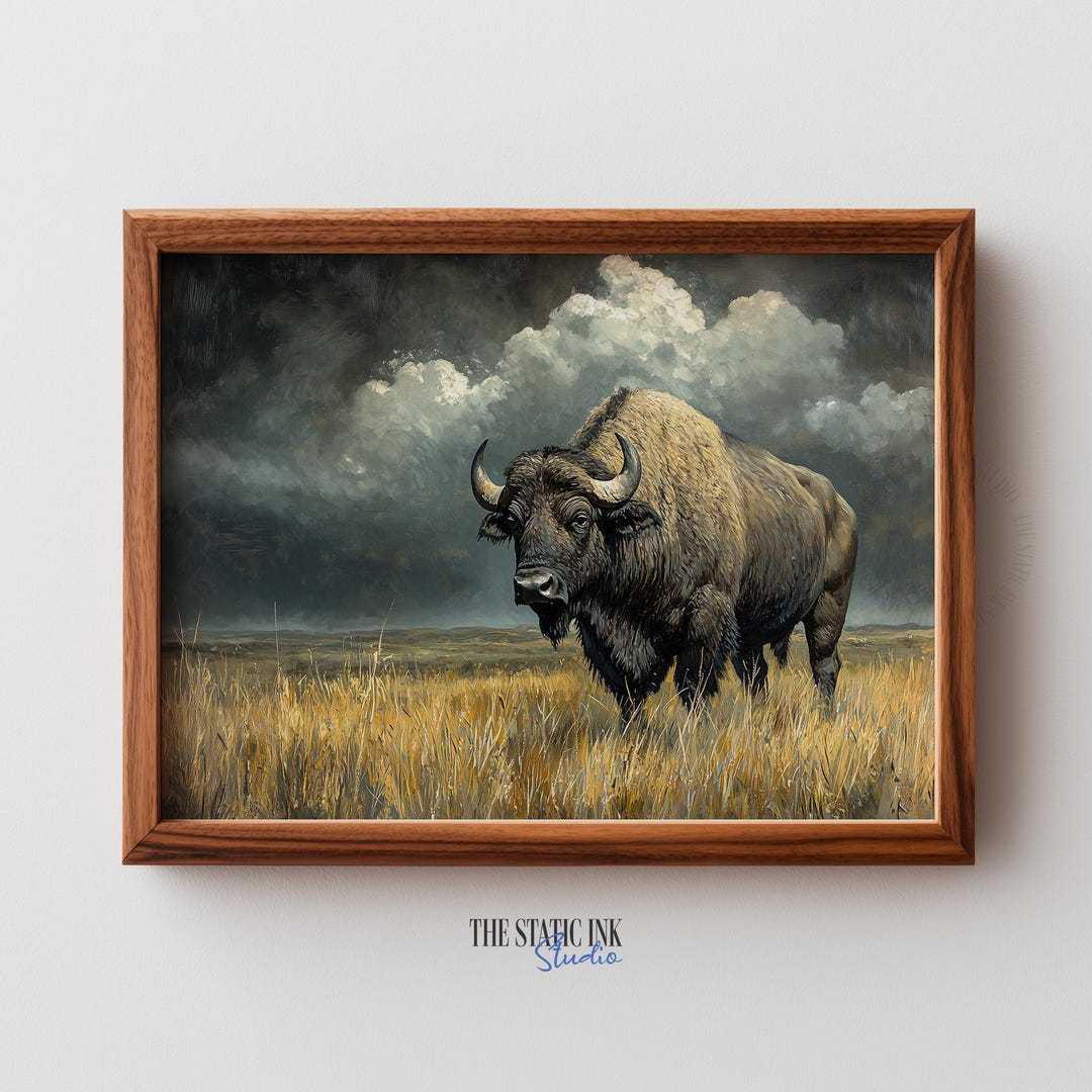 Vintage Buffalo Prairie Art Print – Moody Farmhouse Decor (digital ...