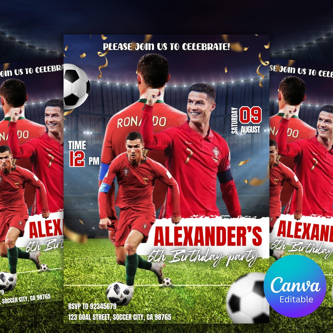 Cristiano Ronaldo Birthday Invitation, Editable Soccer Party Invite ...
