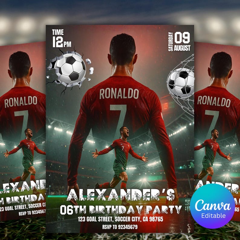 Cristiano Ronaldo Birthday Invitation, Editable Soccer Party Invite ...