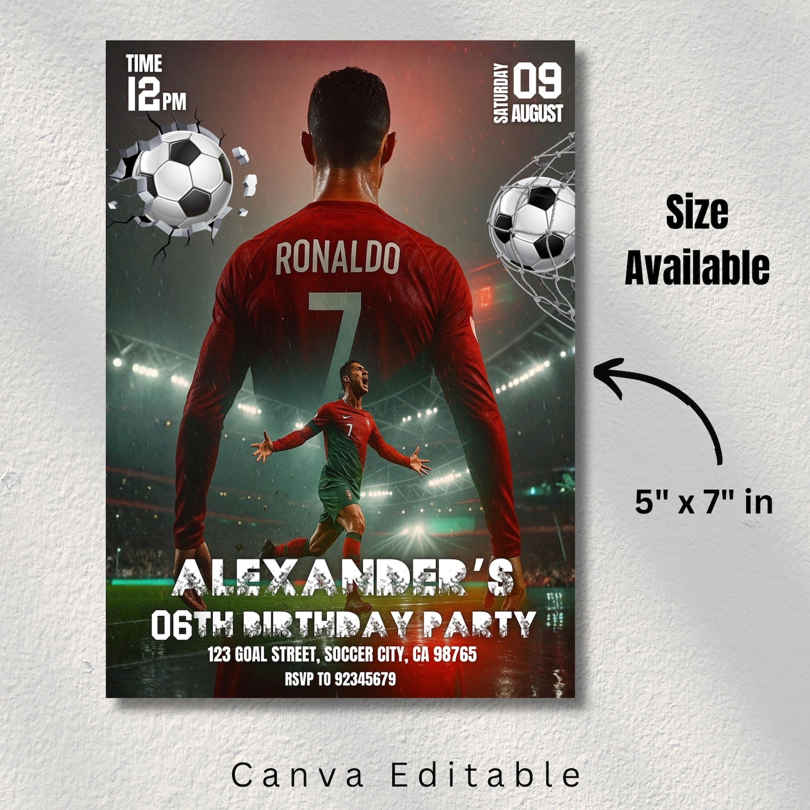 Cristiano Ronaldo Birthday Invitation, Editable Soccer Party Invite ...