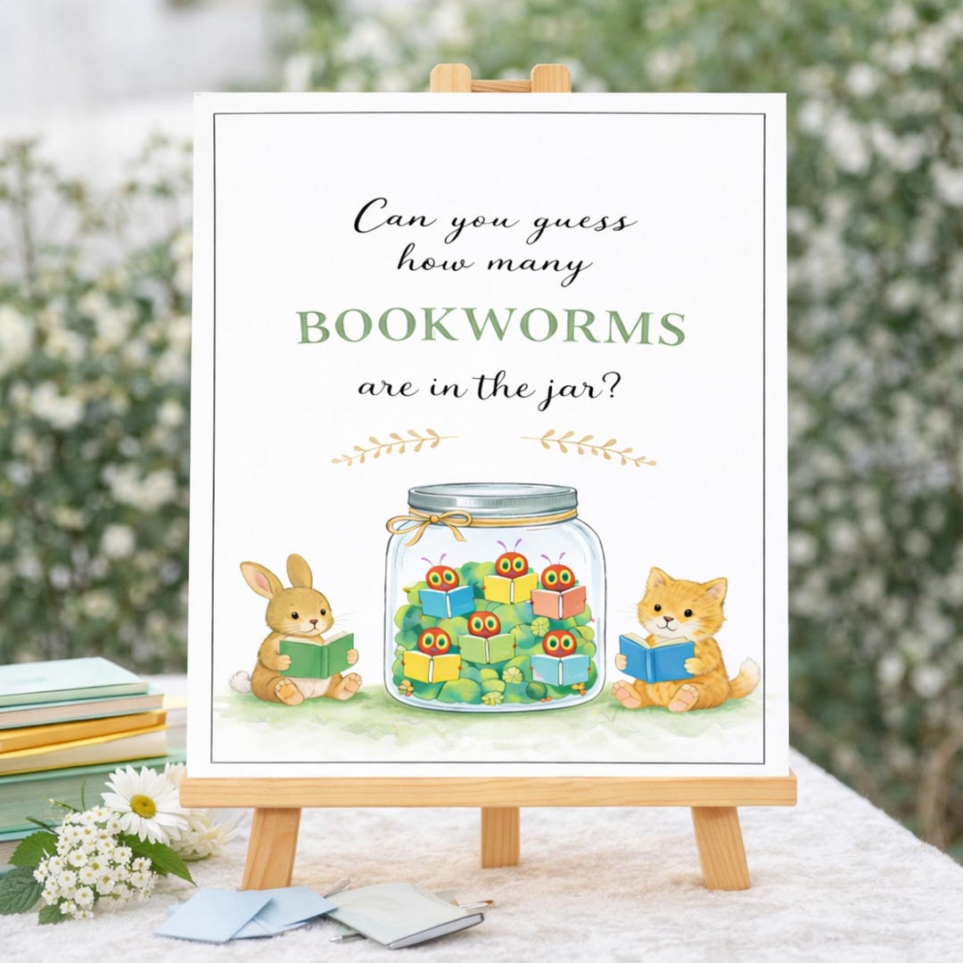 Minimalist Guess How Many Bookworms Are in the Jar Sign & Cards,, Baby ...