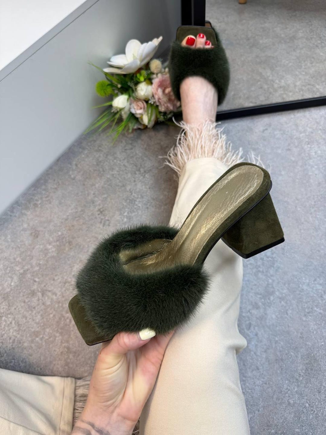 Olive Fashion Heels, Evening Heel Mules, Olive Fur Mules, Chic Mule ...