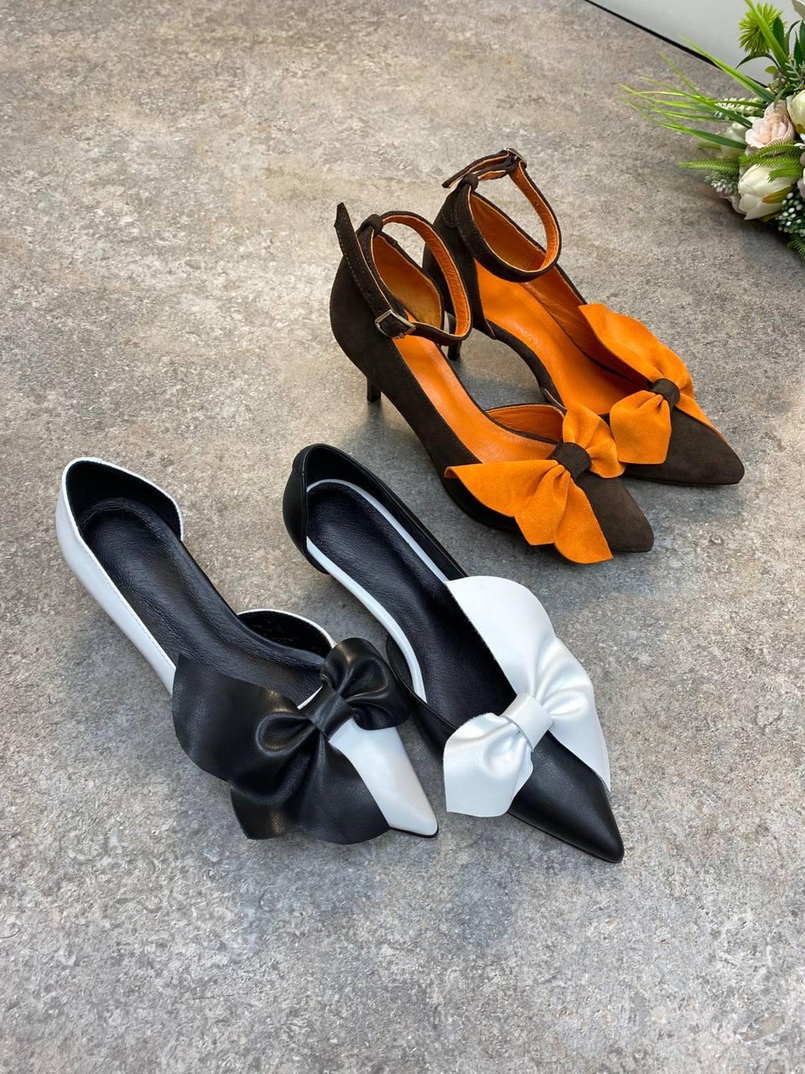 Cow Spots Black Suede Shoes, Classy Retro Stilettos With Bow, Fancy ...
