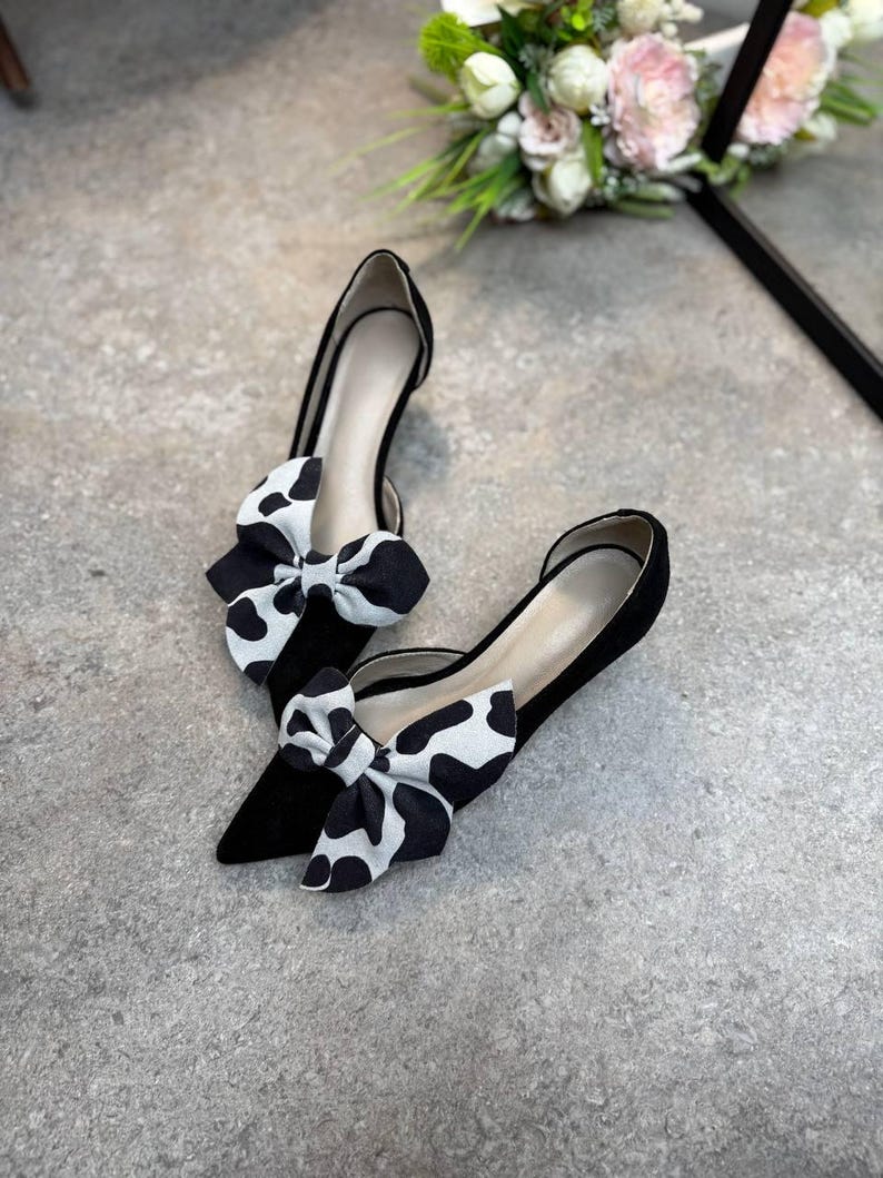 Cow Spots Black Suede Shoes, Classy Retro Stilettos With Bow, Fancy ...