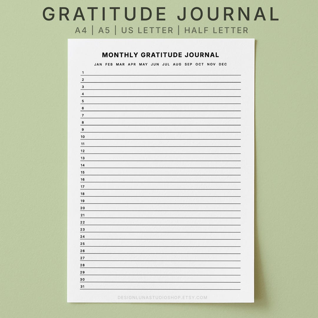 Monthly Gratitude Practice Journal, Printable and Digital, Mindfulness ...